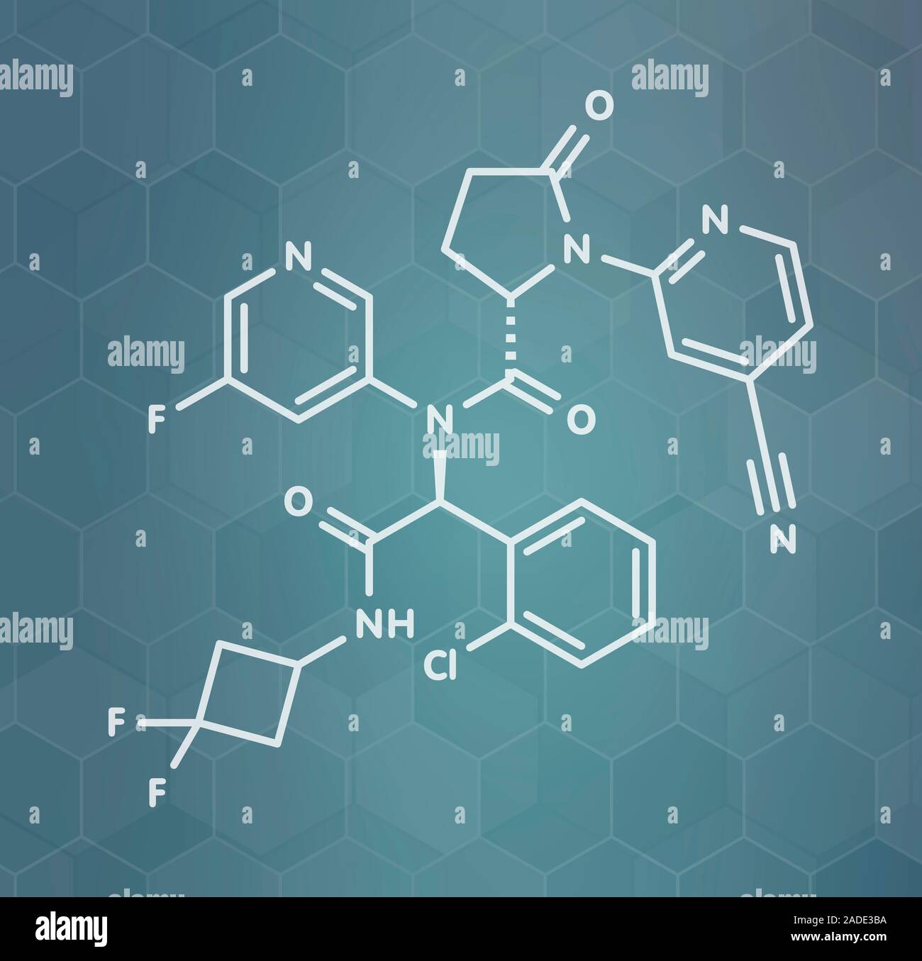 Ivosidenib cancer drug molecule. White skeletal formula on dark teal ...