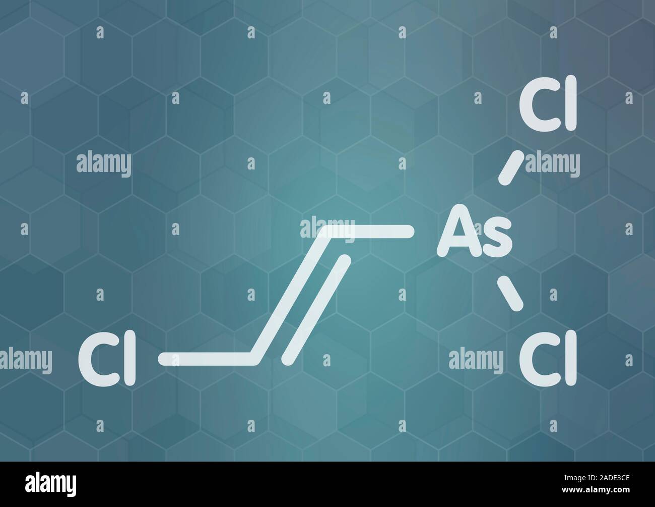 Lewisite chemical weapon molecule. White skeletal formula on dark teal ...