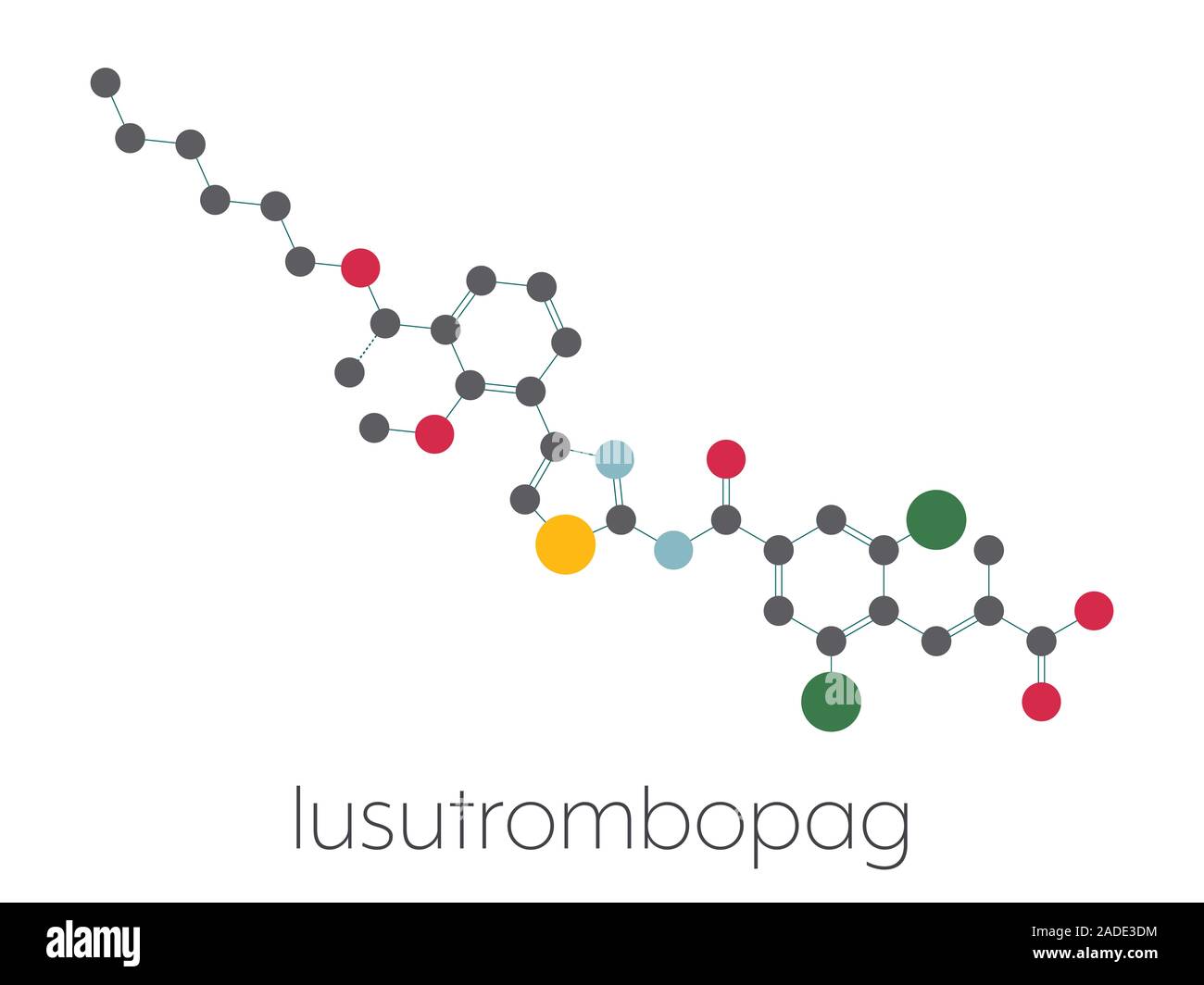 Lusutrombopag drug molecule (thrombopoietin receptor agonist). Stylized ...