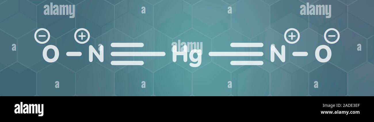 Mercury fulminate primary explosive molecule. White skeletal formula on ...