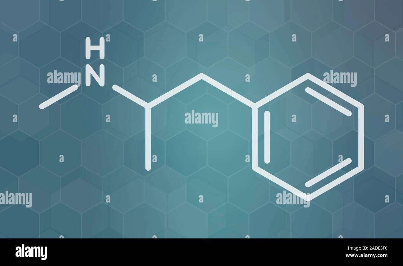 Methamphetamine (crystal meth, methamfetamine) stimulant drug molecule ...