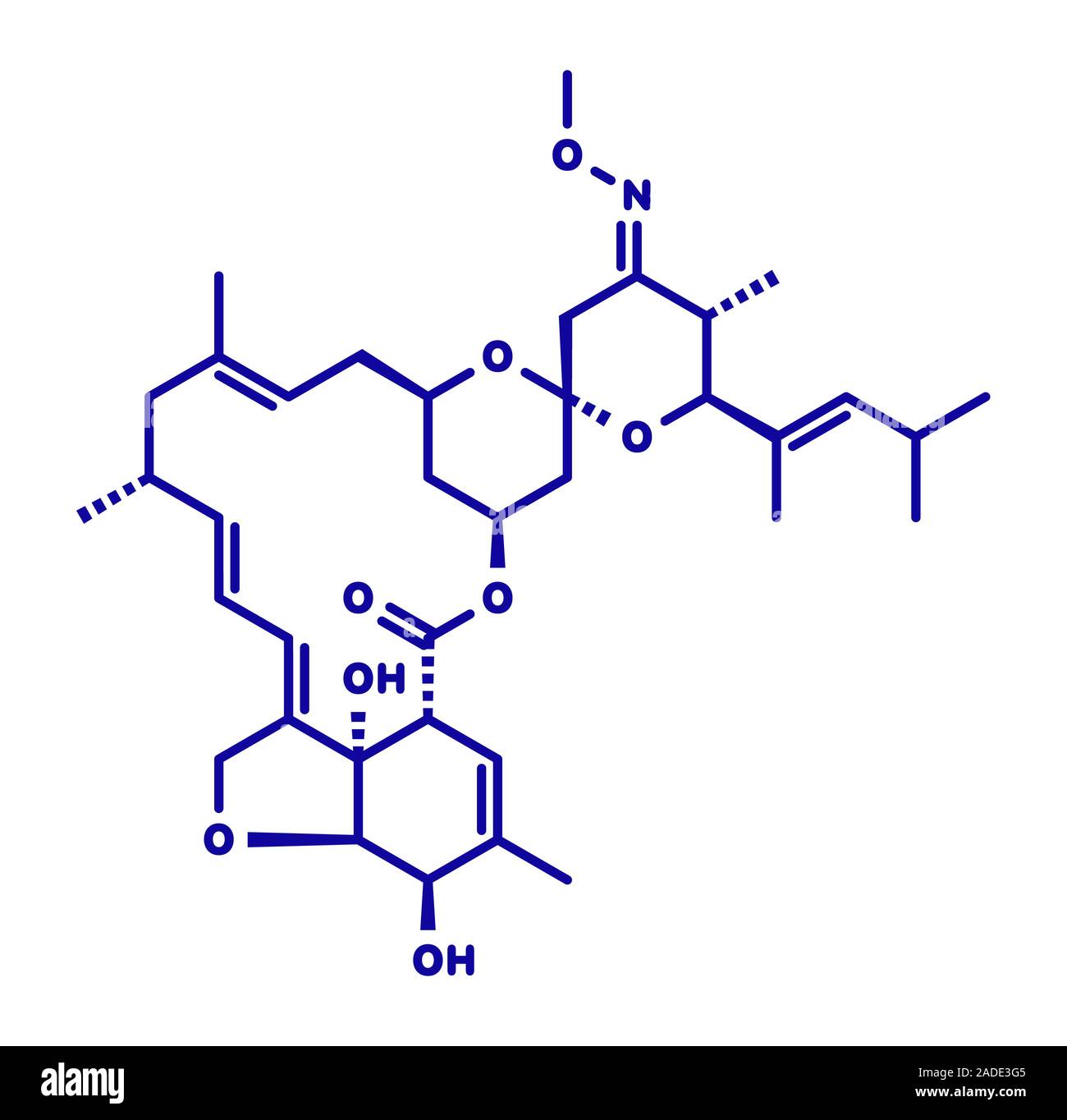 Moxidectin anthelmintic drug molecule. Blue skeletal formula on white ...