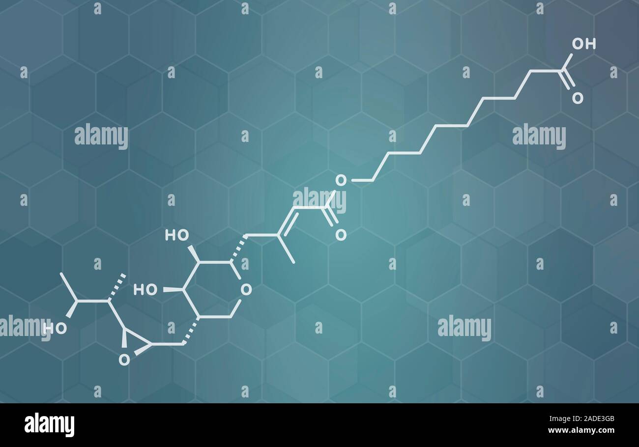 Mupirocin (pseudomonic acid) antibiotic drug molecule. Used topically ...
