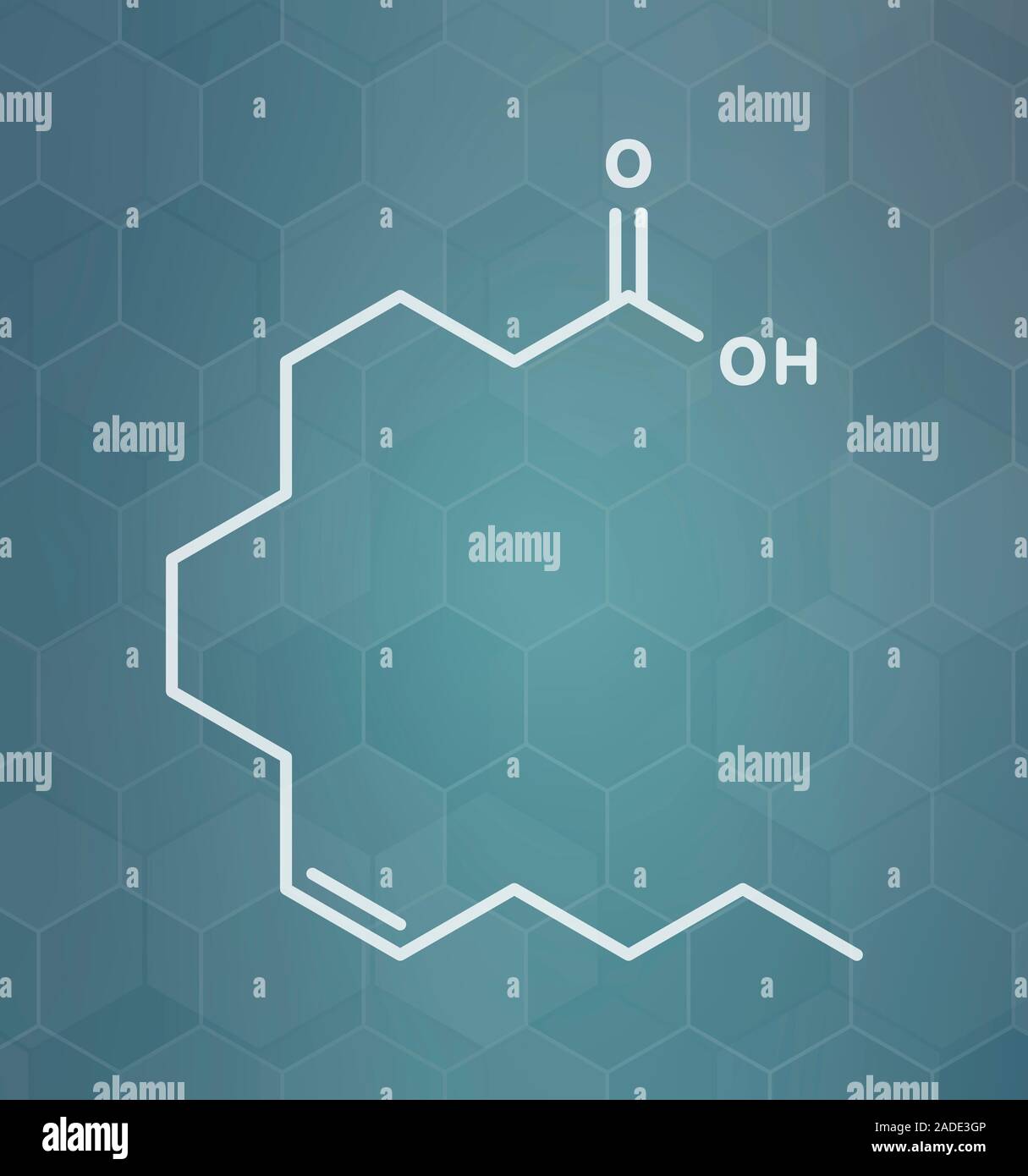 Myristoleic acid (omega-5) fatty acid molecule. White skeletal formula ...