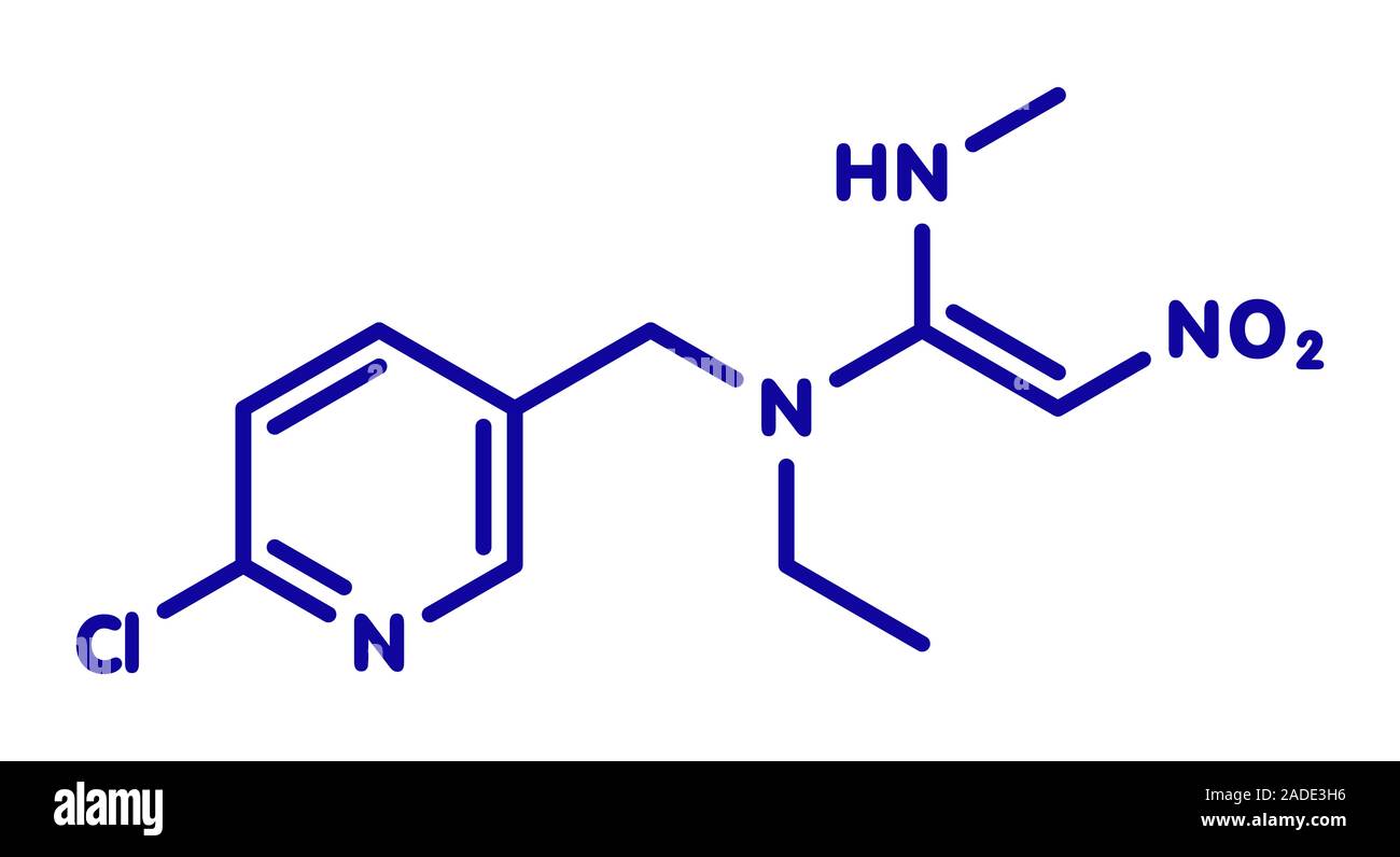 Nitenpyram insecticide molecule (neonicotinoid class). Blue skeletal ...