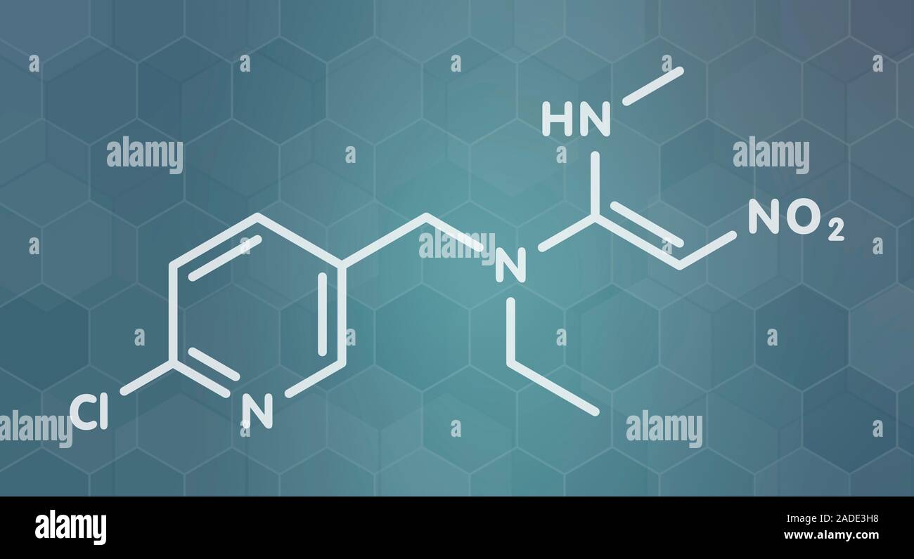 Nitenpyram insecticide molecule (neonicotinoid class). White skeletal ...