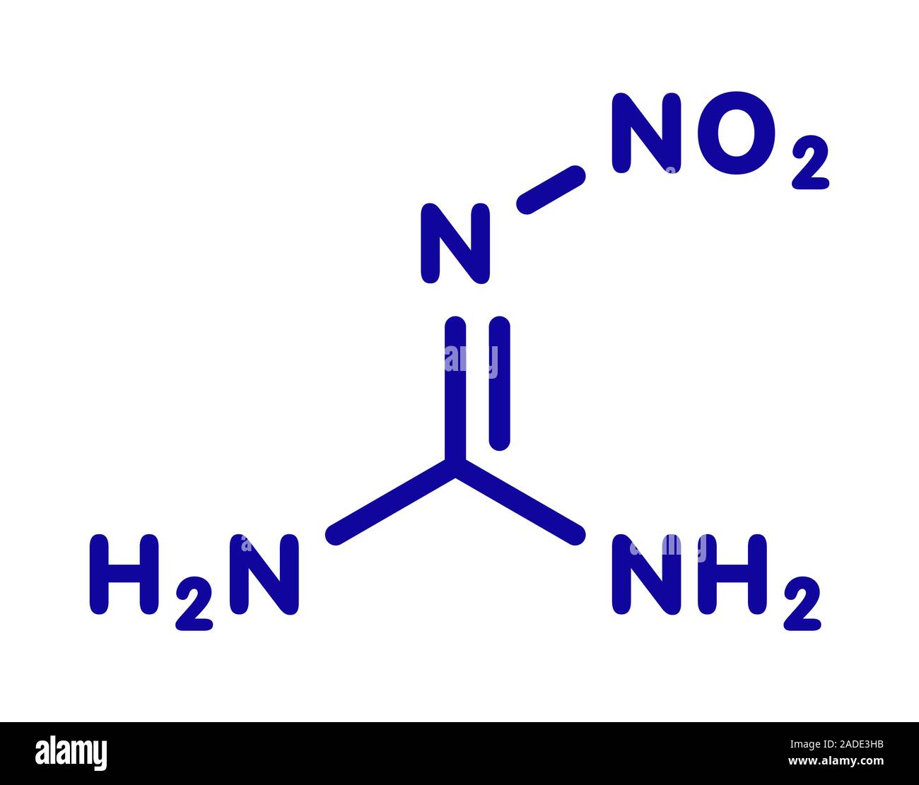 Nitroguanidine explosive molecule. Blue skeletal formula on white ...