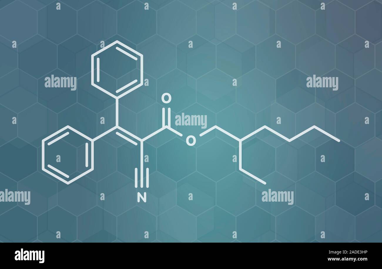 Octocrylene sunscreen molecule. White skeletal formula on dark teal ...