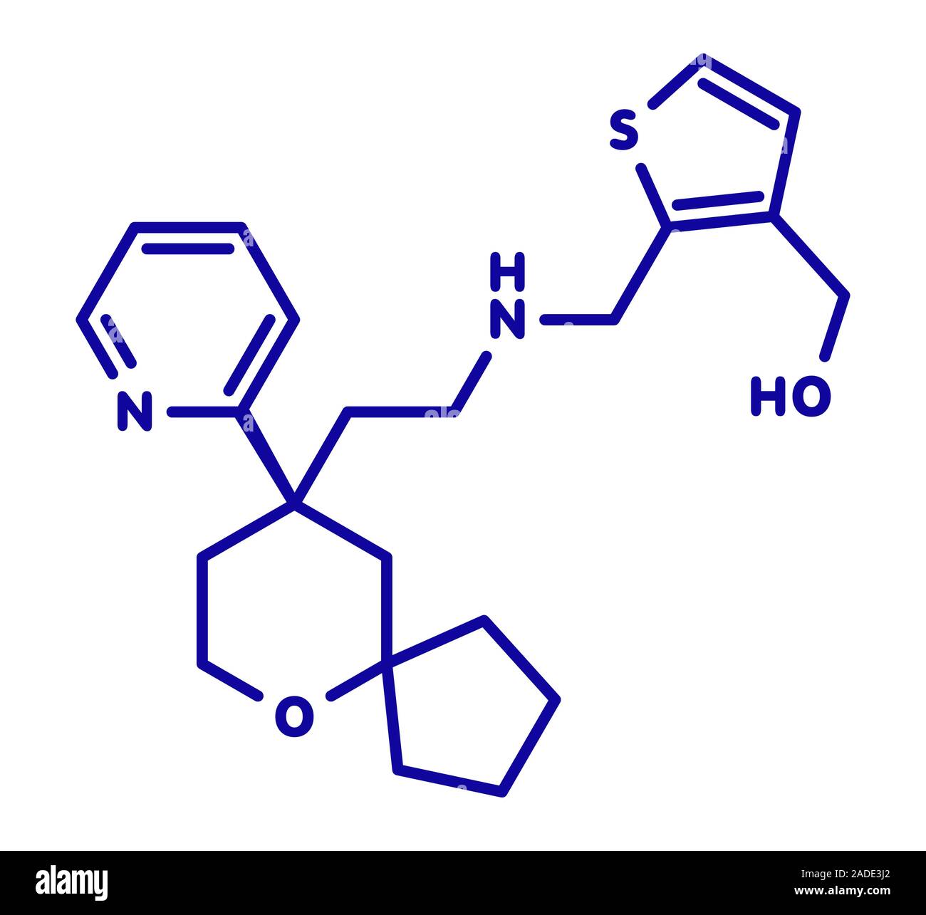 Oliceridine opioid pain drug molecule. Blue skeletal formula on white ...