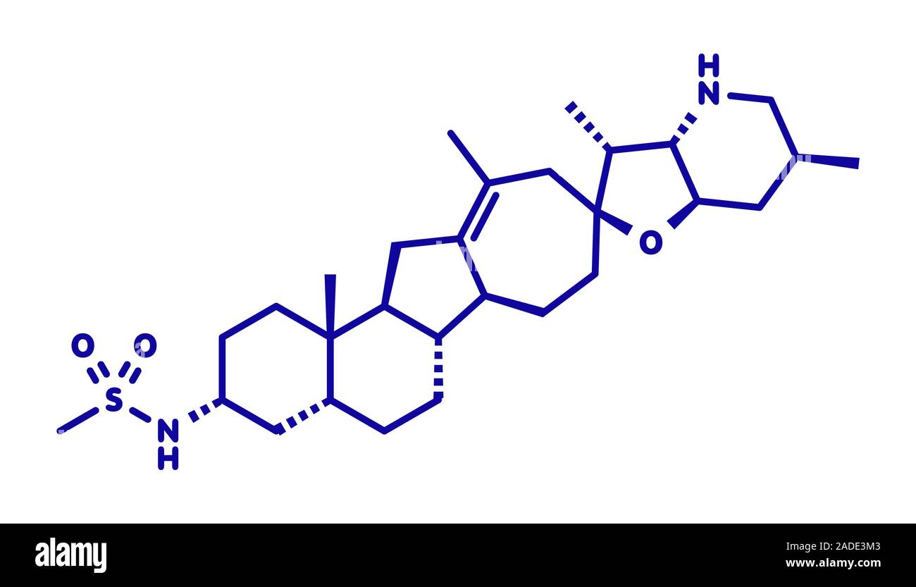 Patidegib drug molecule (hedgehog pathway inhibitor). Blue skeletal ...