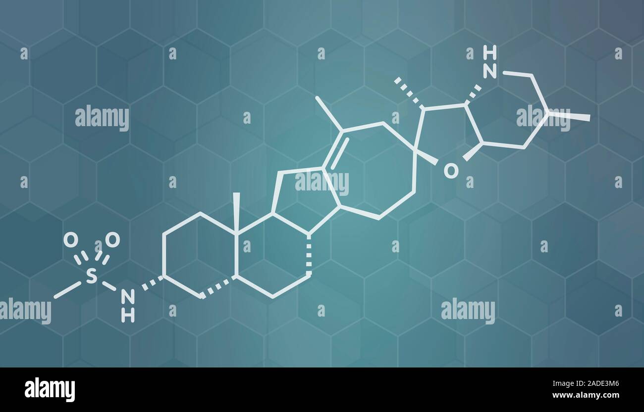 Patidegib drug molecule (hedgehog pathway inhibitor). White skeletal ...