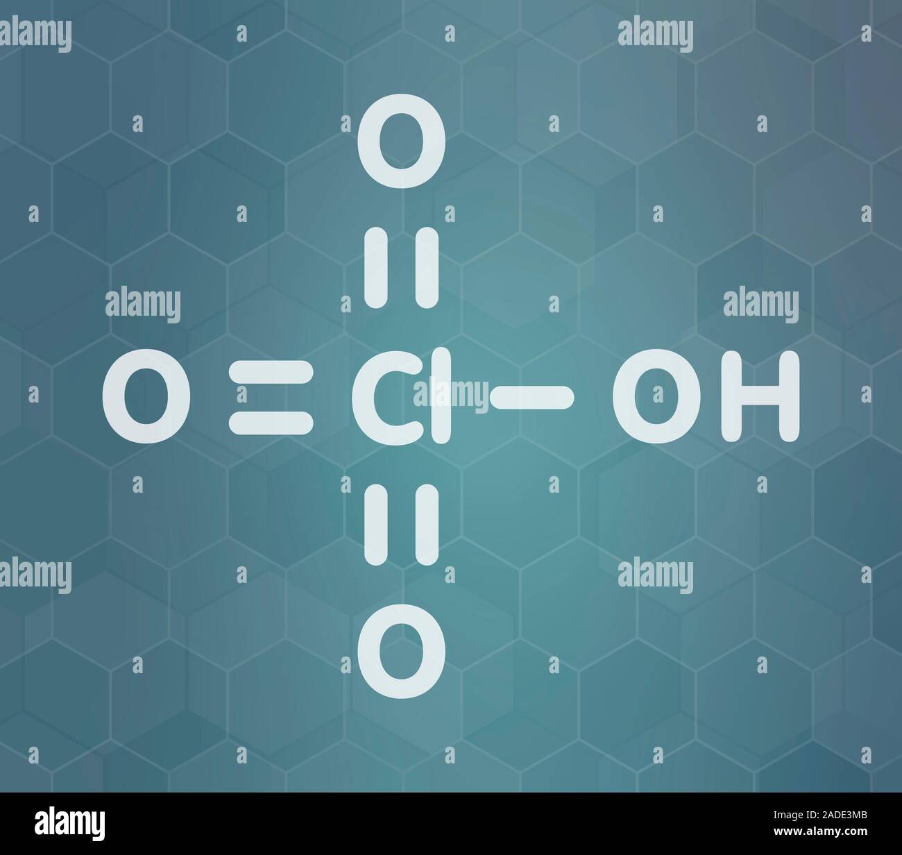 Perchloric acid superacid molecule. White skeletal formula on dark teal ...