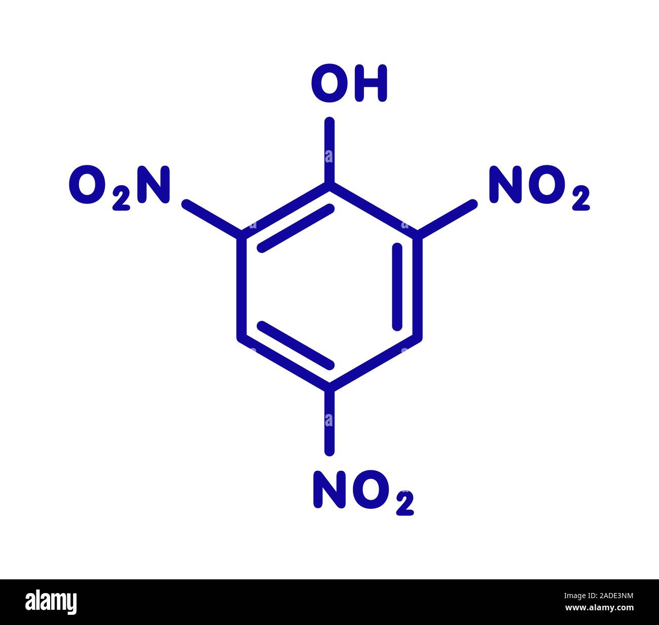 Picric acid (2,4,6-trinitrophenol) explosive molecule. Blue skeletal ...