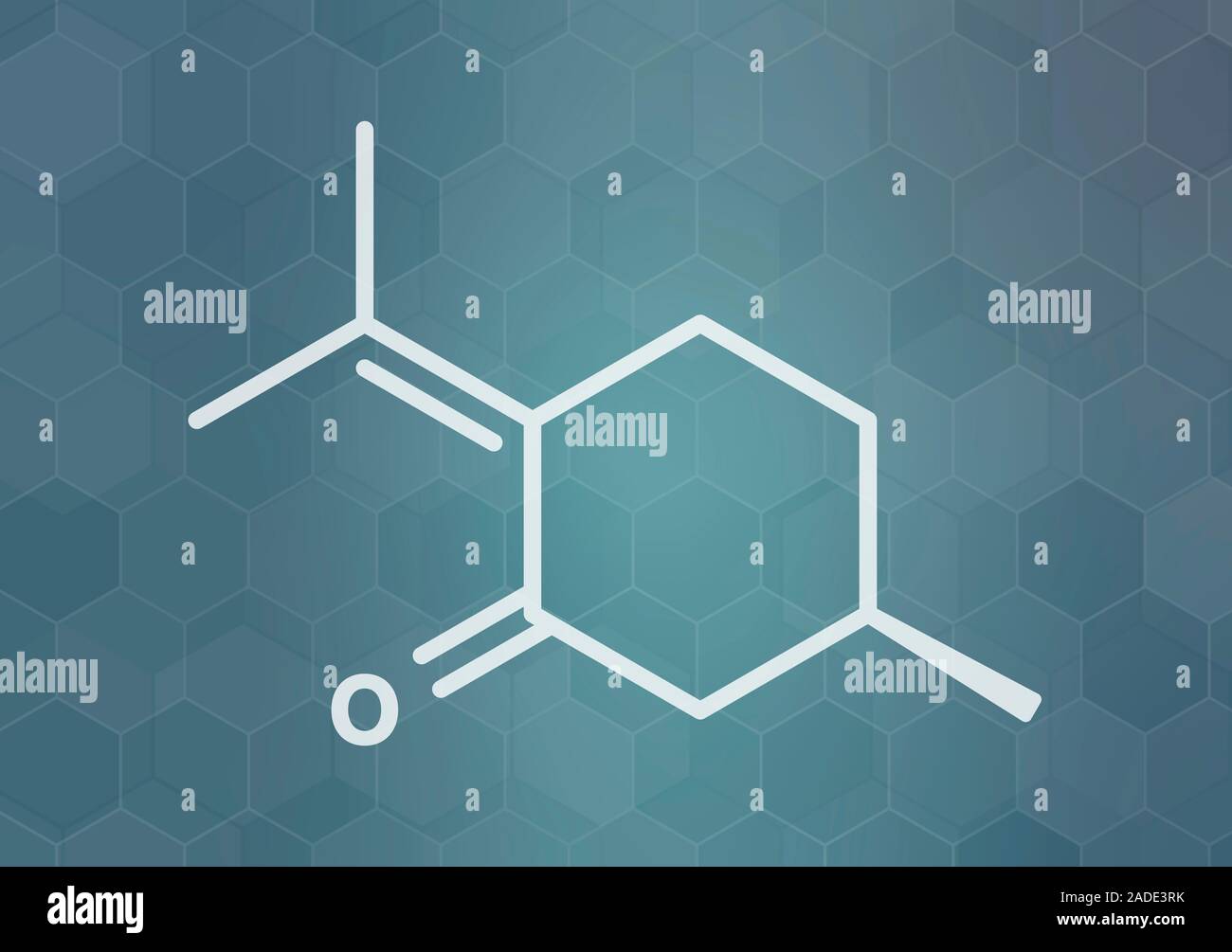 Pulegone molecule. White skeletal formula on dark teal gradient ...