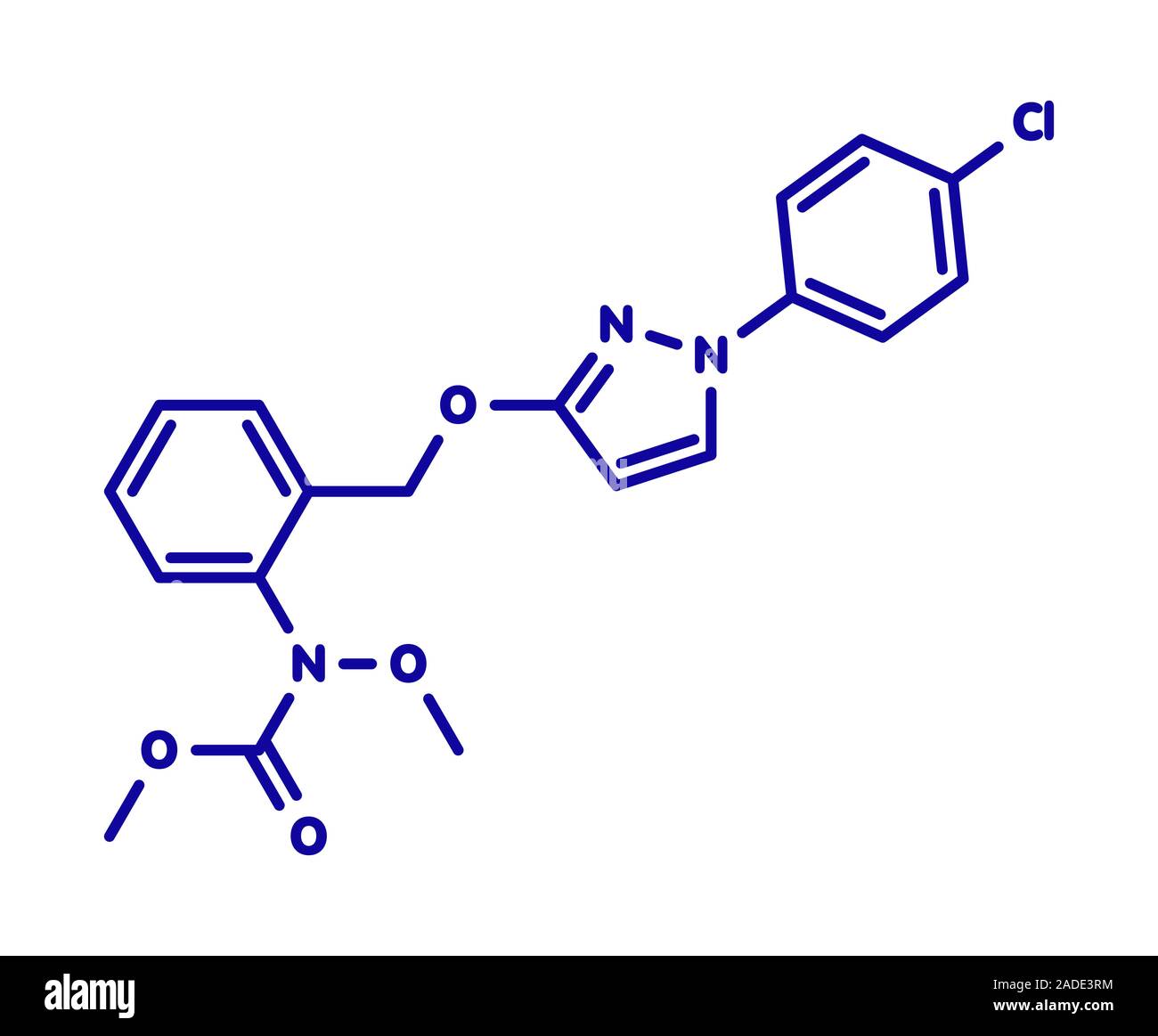 Pyraclostrobin fungicide molecule. Blue skeletal formula on white ...