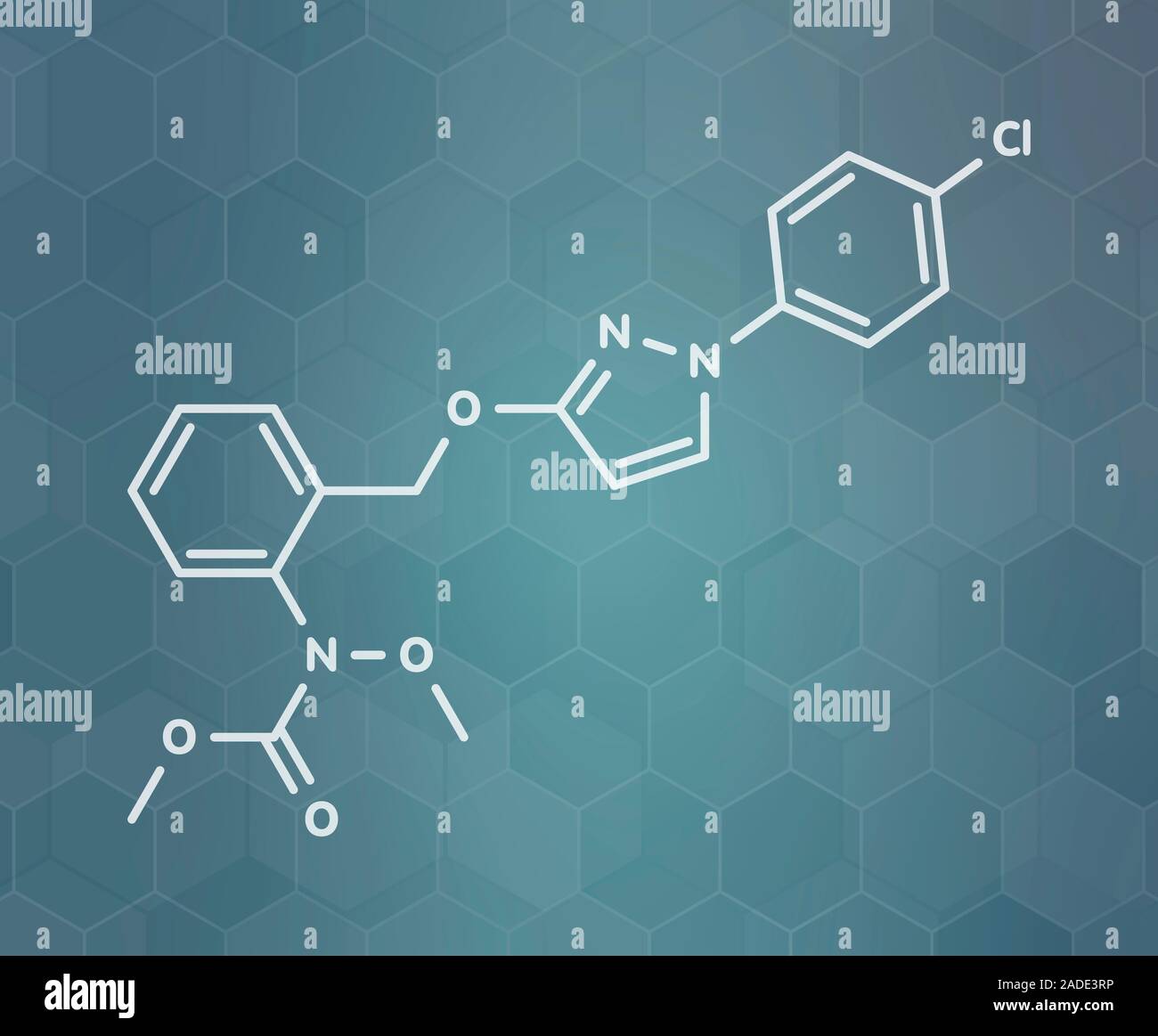 Pyraclostrobin fungicide molecule. White skeletal formula on dark teal ...