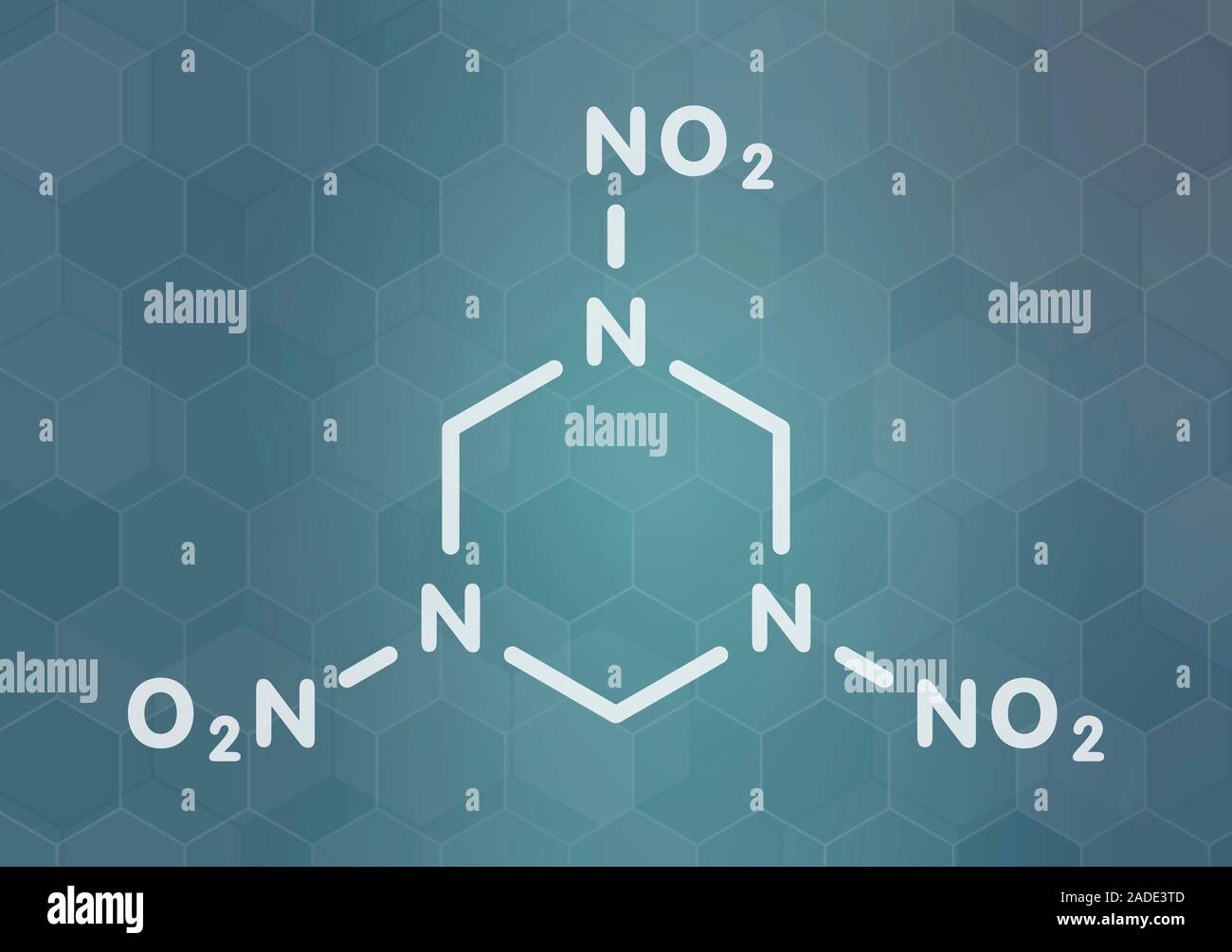 RDX (cyclotrimethylenetrinitramine) explosive molecule. White skeletal ...