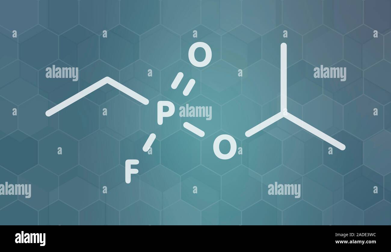 Sarin nerve agent molecule (chemical weapon). White skeletal formula on ...