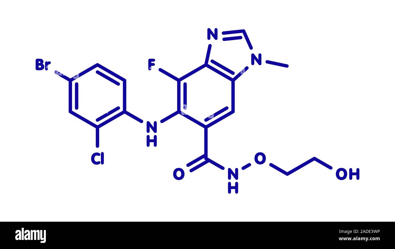 Selumetinib cancer drug molecule (MEK1 and MEK2 inhibitor). Blue ...