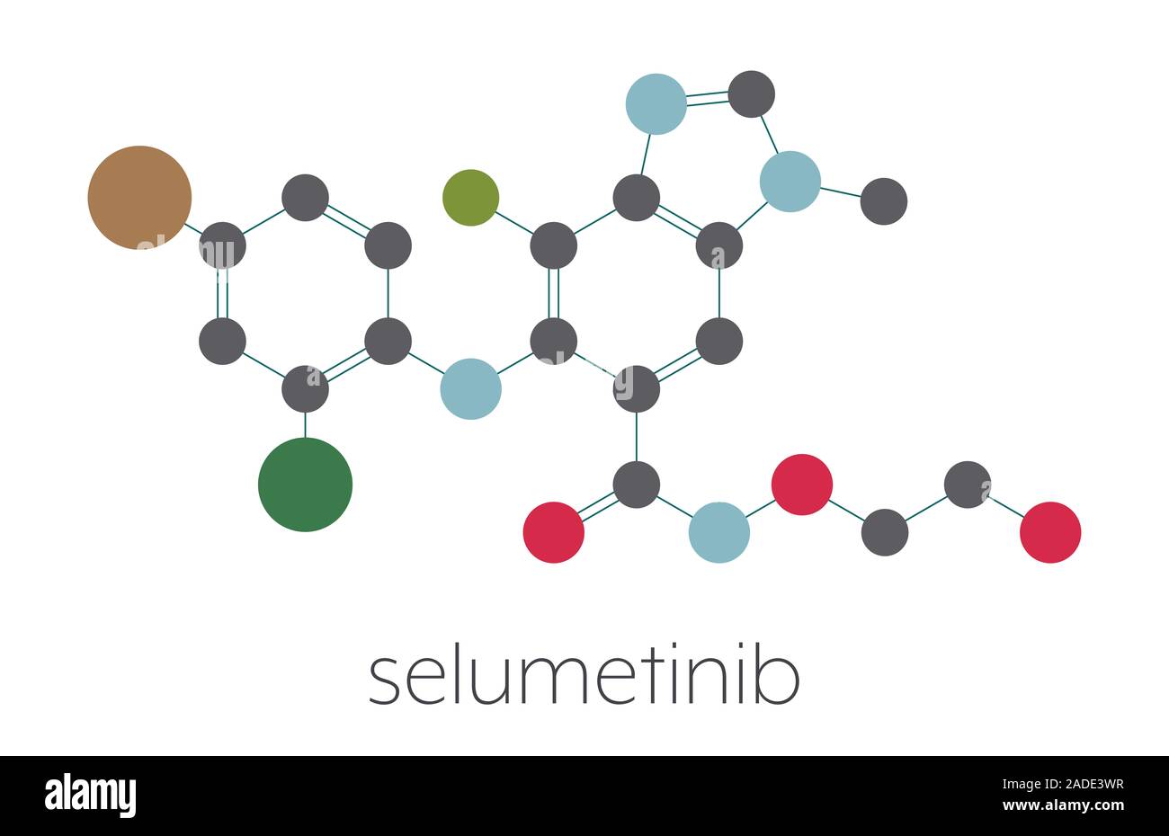 Selumetinib cancer drug molecule (MEK1 and MEK2 inhibitor). Stylized ...