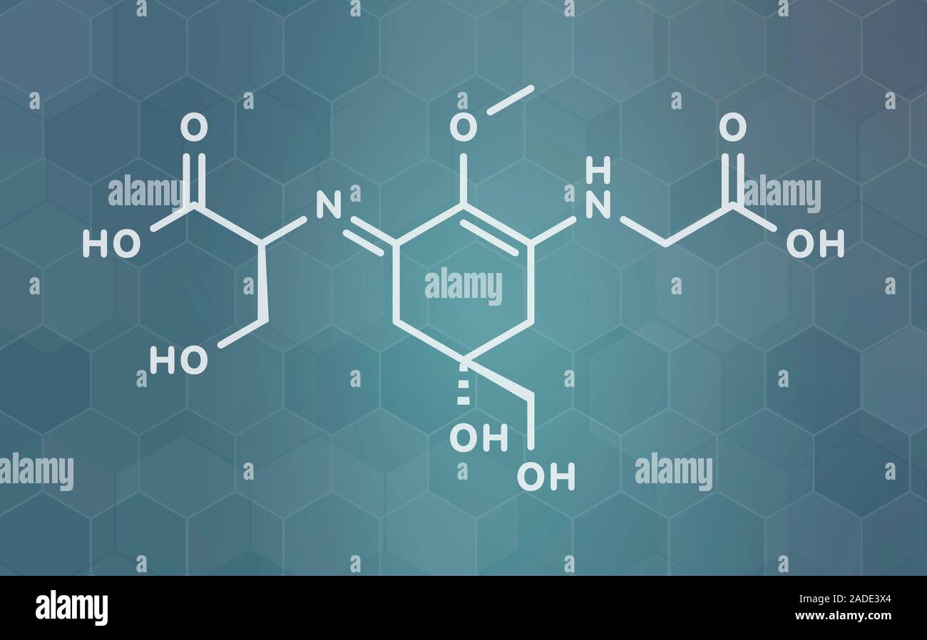Shinorine sunscreen molecule. White skeletal formula on dark teal ...
