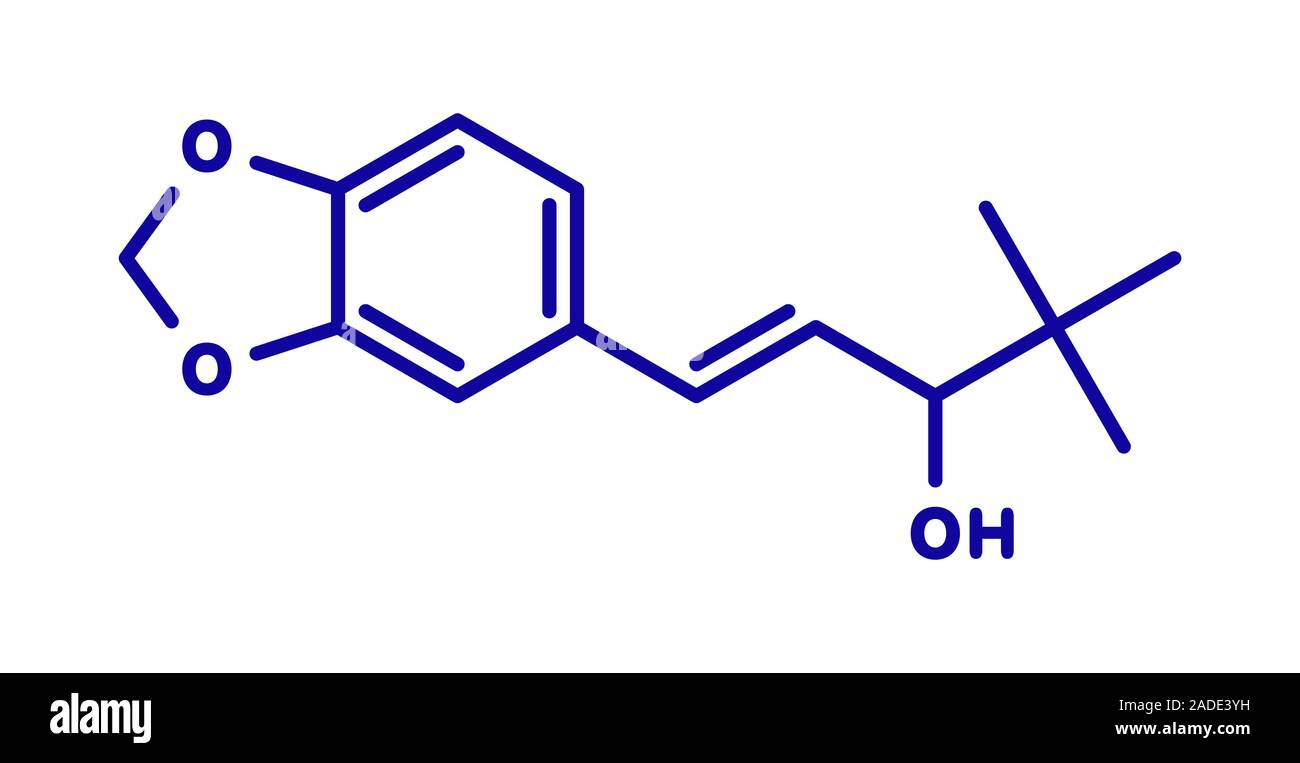 Stiripentol epilepsy drug molecule. Blue skeletal formula on white ...