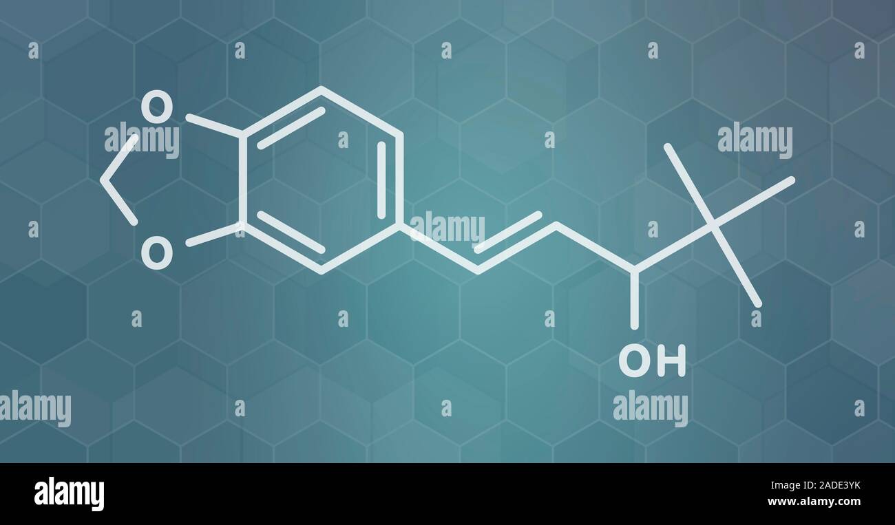 Stiripentol epilepsy drug molecule. White skeletal formula on dark teal ...