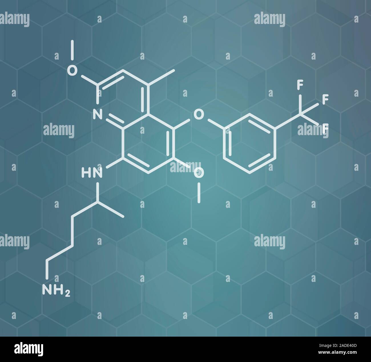 Tafenoquine malaria drug molecule. White skeletal formula on dark teal ...