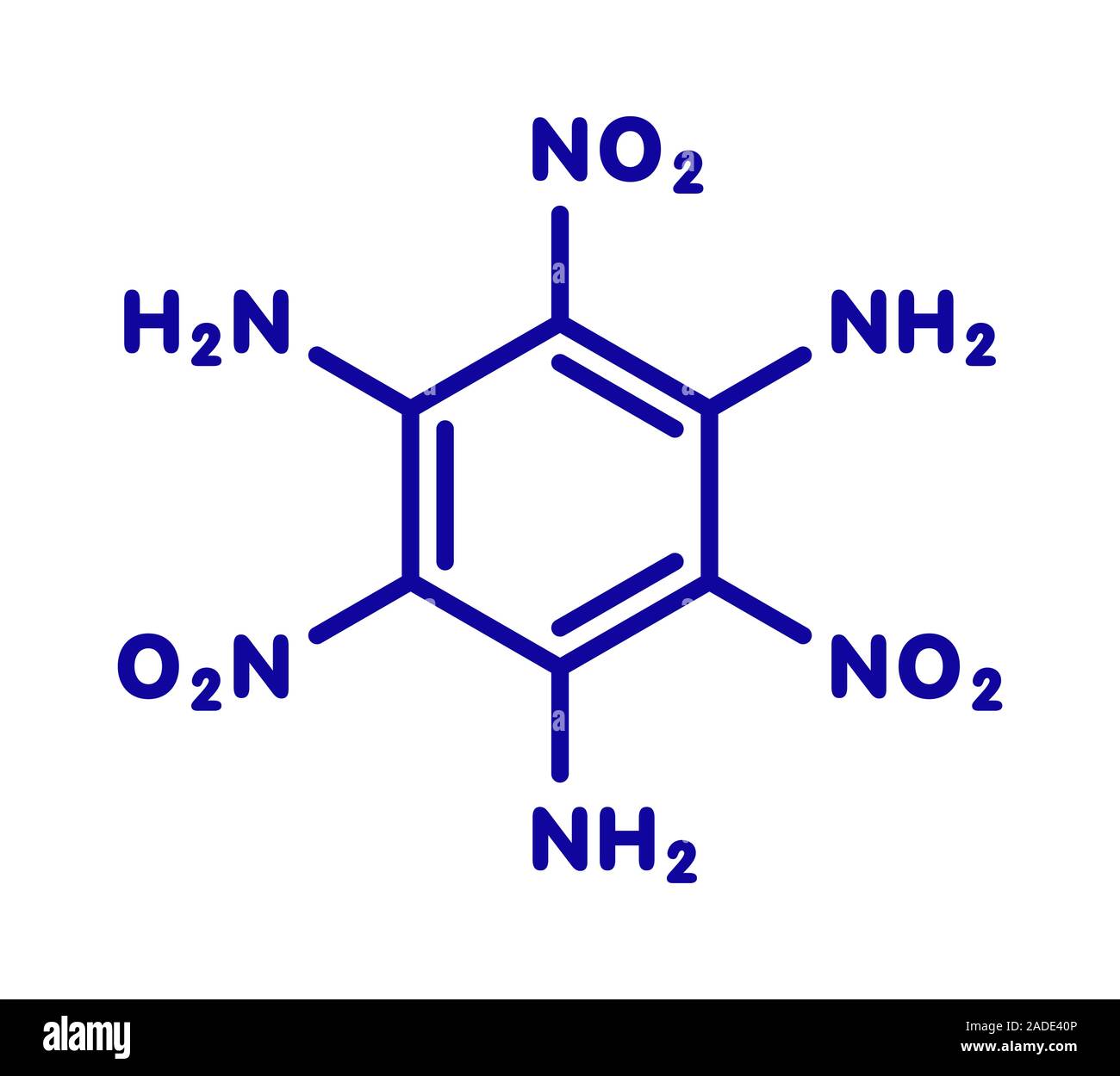 Triaminotrinitrobenzene (TATB) explosive molecule. Blue skeletal ...