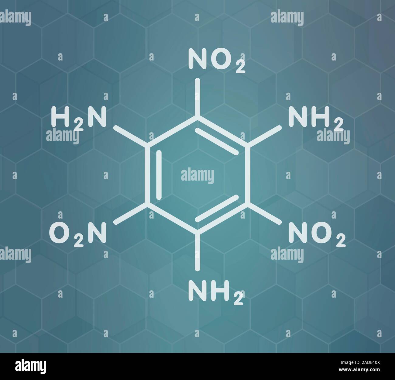 Triaminotrinitrobenzene (TATB) explosive molecule. White skeletal ...