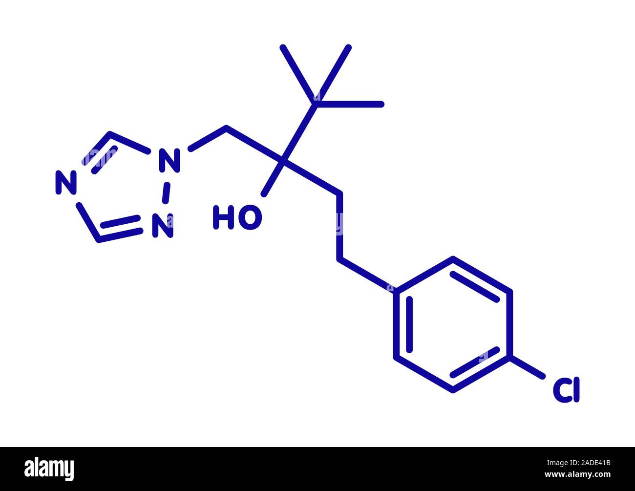 Tebuconazole fungicide molecule. Blue skeletal formula on white ...