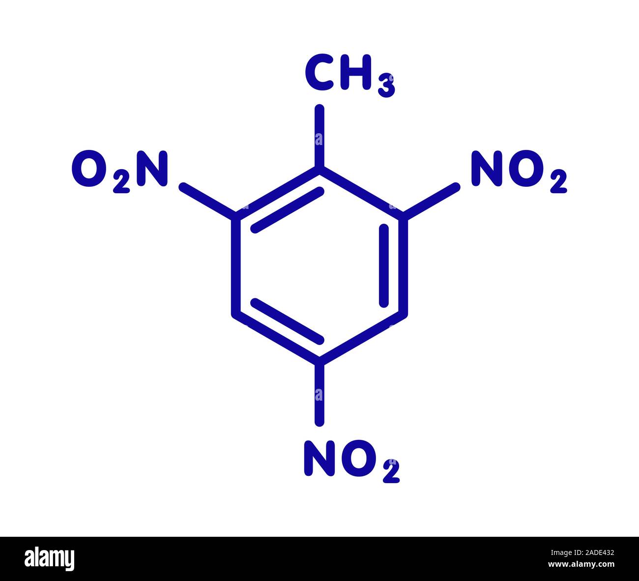 Trinitrotoluene (TNT) high explosive molecule. Blue skeletal formula on ...