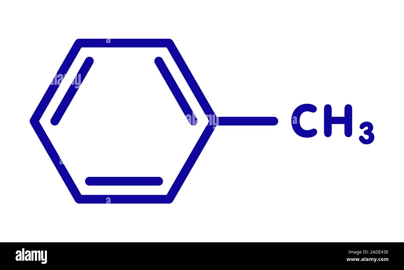 Toluene (methylbenzen, toluol) chemical solvent molecule. Blue skeletal formula on white ...