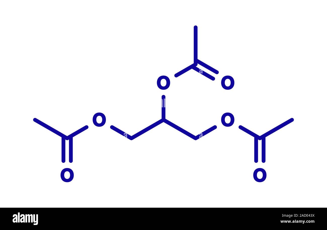 Triacetin (glycerin triacetate) molecule. Blue skeletal formula on ...