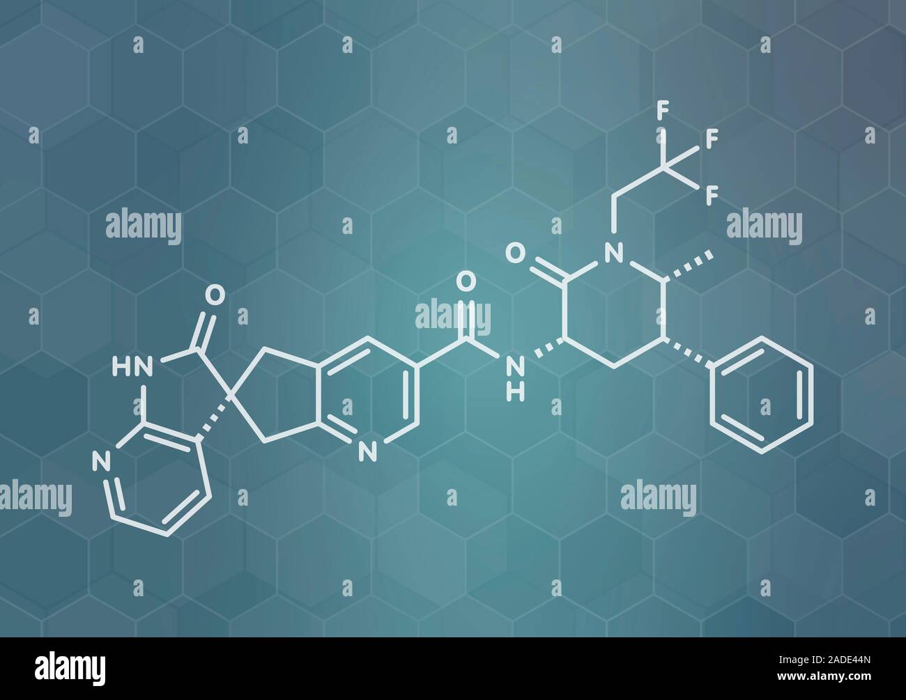 Ubrogepant migraine drug molecule (CGRP receptor antagonist). White ...