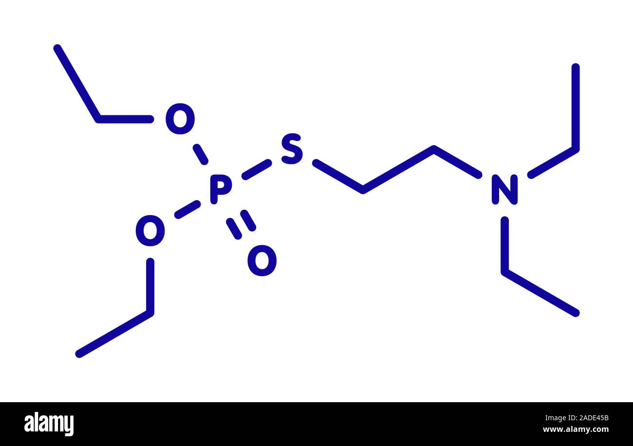 Amiton (VG) nerve agent molecule. Blue skeletal formula on white ...