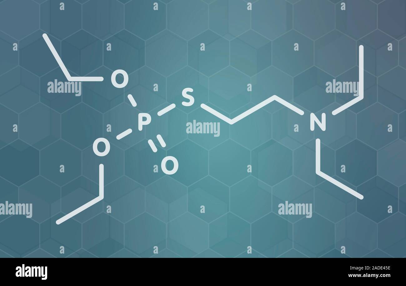 Amiton (VG) nerve agent molecule. White skeletal formula on dark teal ...