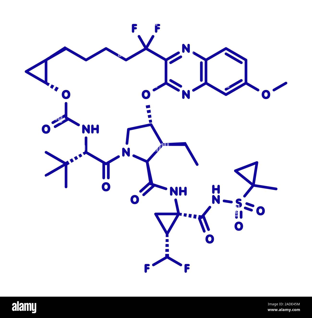 Voxilaprevir hepatitis C drug molecule. Blue skeletal formula on white ...