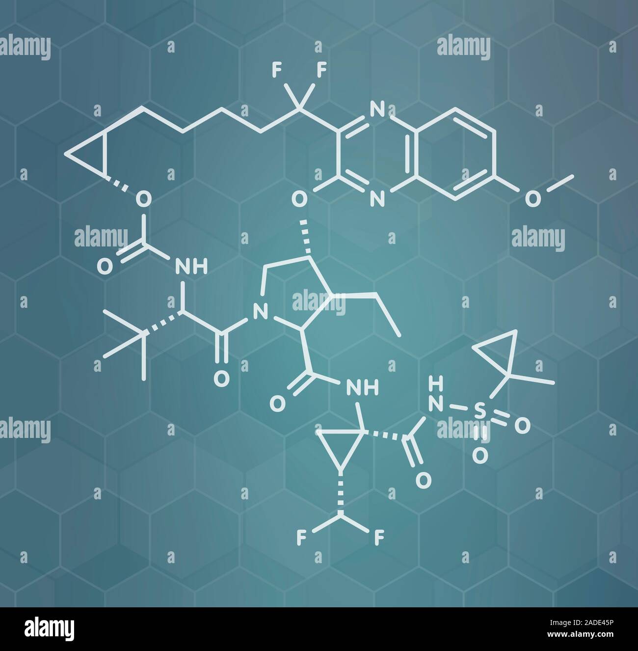 Voxilaprevir hepatitis C drug molecule. White skeletal formula on dark ...