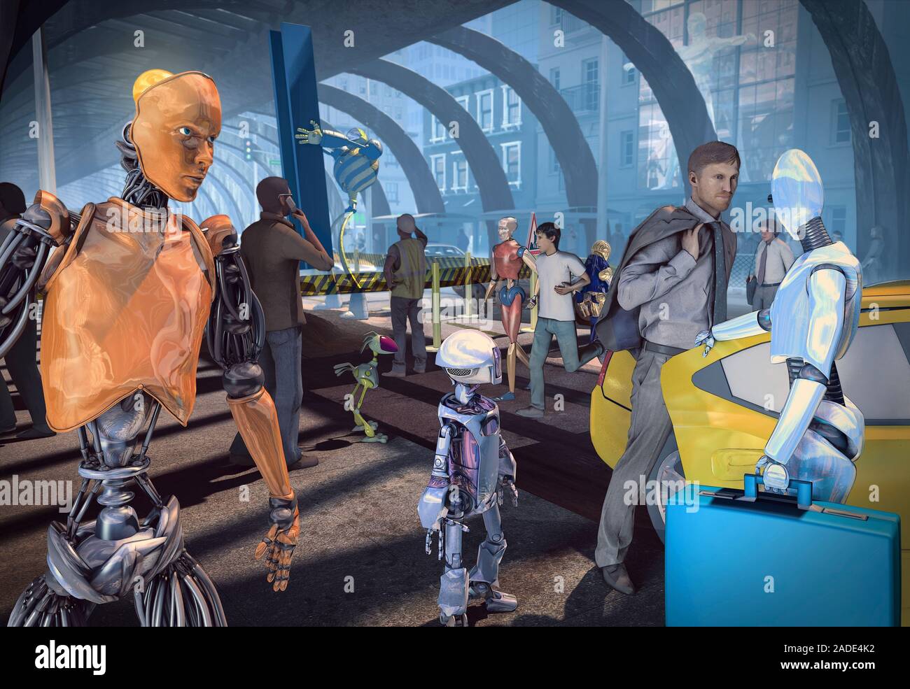 Robot and human society, illustration. This scene, set in the near ...