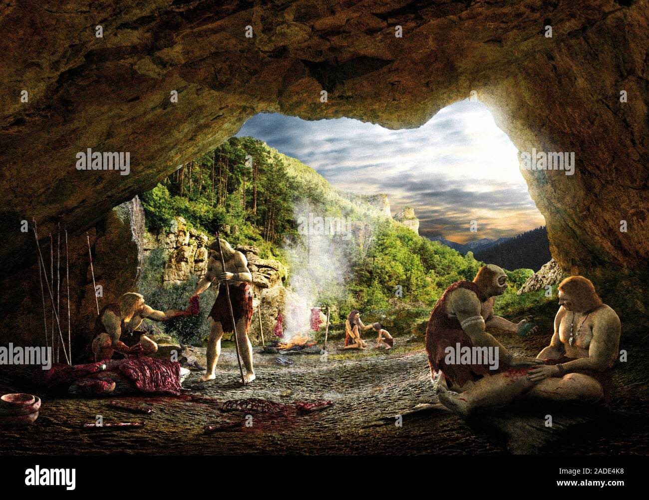 Neanderthal settlement. Illustration of men and a woman and child in a ...