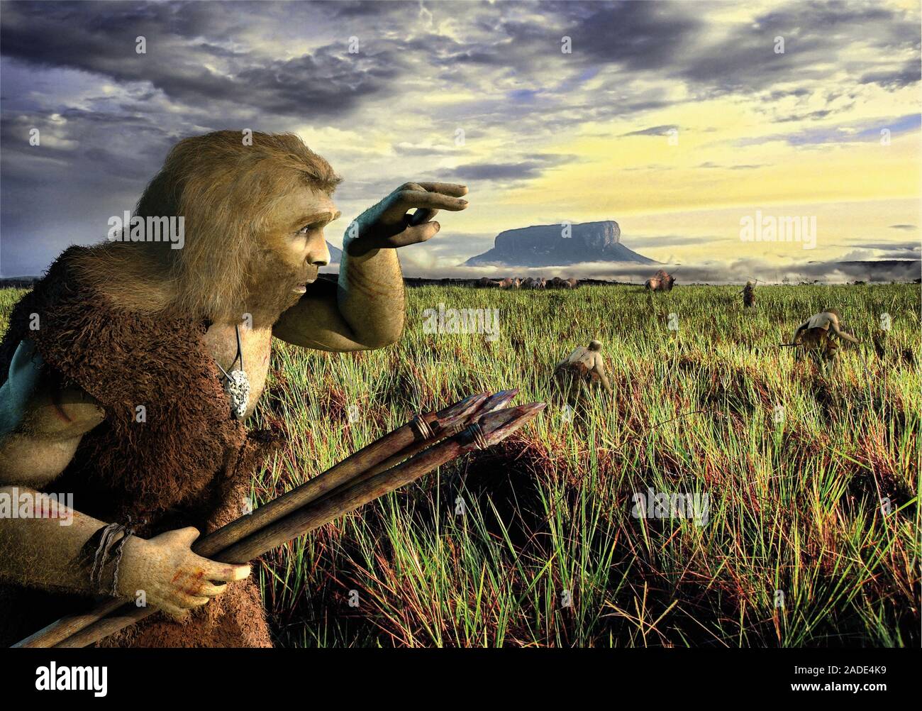 Neanderthals hunting bison, illustration. Group of Neanderthal hunters ...