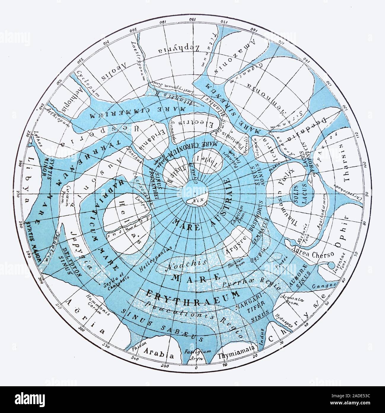 Schiaparelli's Mars map of the entire southern Mars sphere ...