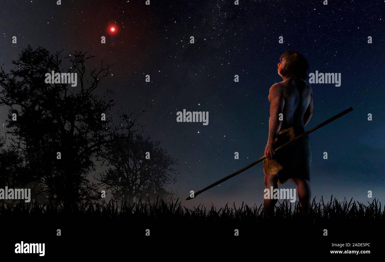 Scholz's Star in prehistoric night sky. Illustration of a prehistoric ...