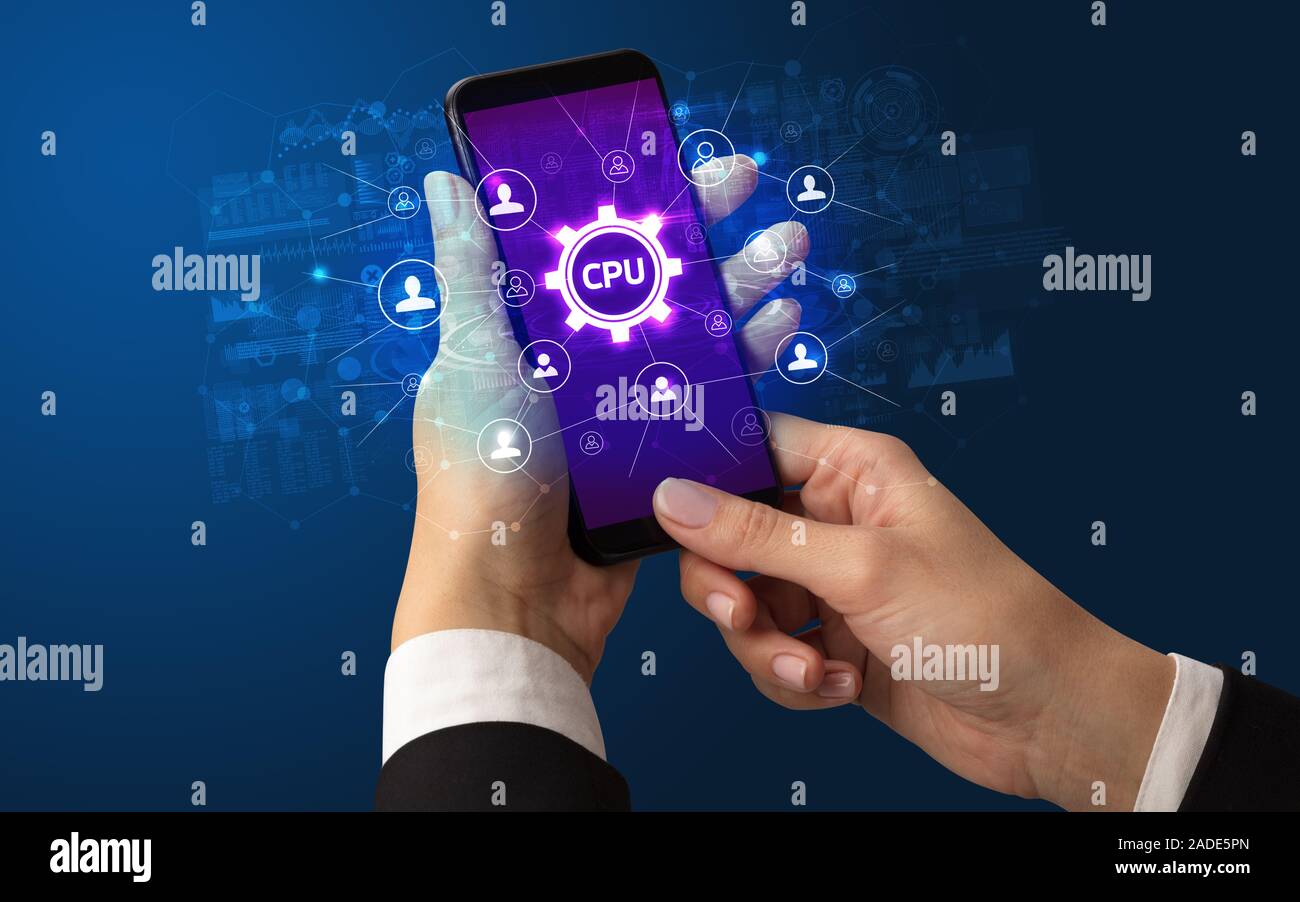 Female hand holding smartphone with CPU abbreviation, modern technology ...