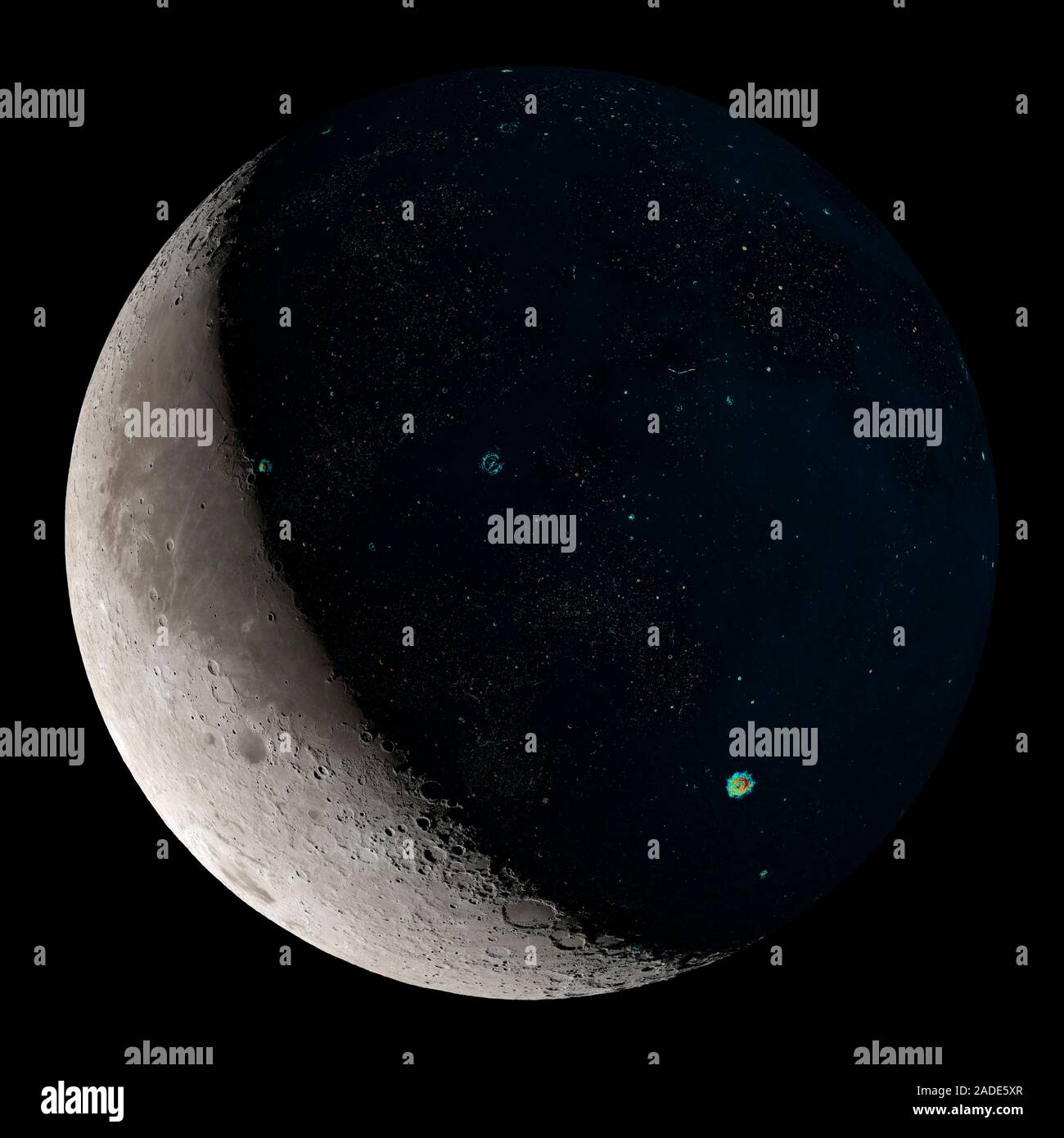 Crescent Moon with rock size abundance map. At left of the terminator ...