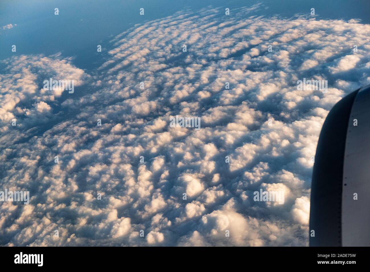 Cumulus mediocris clouds from above, seen from an aeroplane (engine at ...