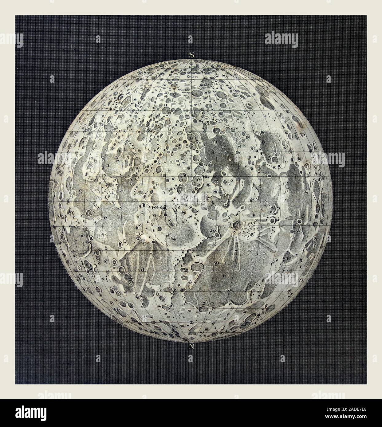 Map of the Moon from a German Atlas, 1855. South is at top Stock Photo ...