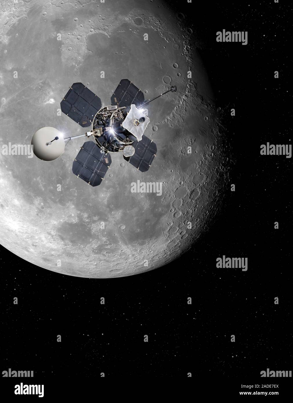 Lunar Orbiter spacecraft in Moon orbit, illustration. The Lunar Orbiter ...