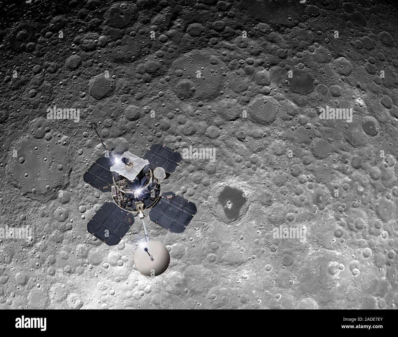Lunar Orbiter spacecraft in Moon orbit, illustration. The Lunar Orbiter ...